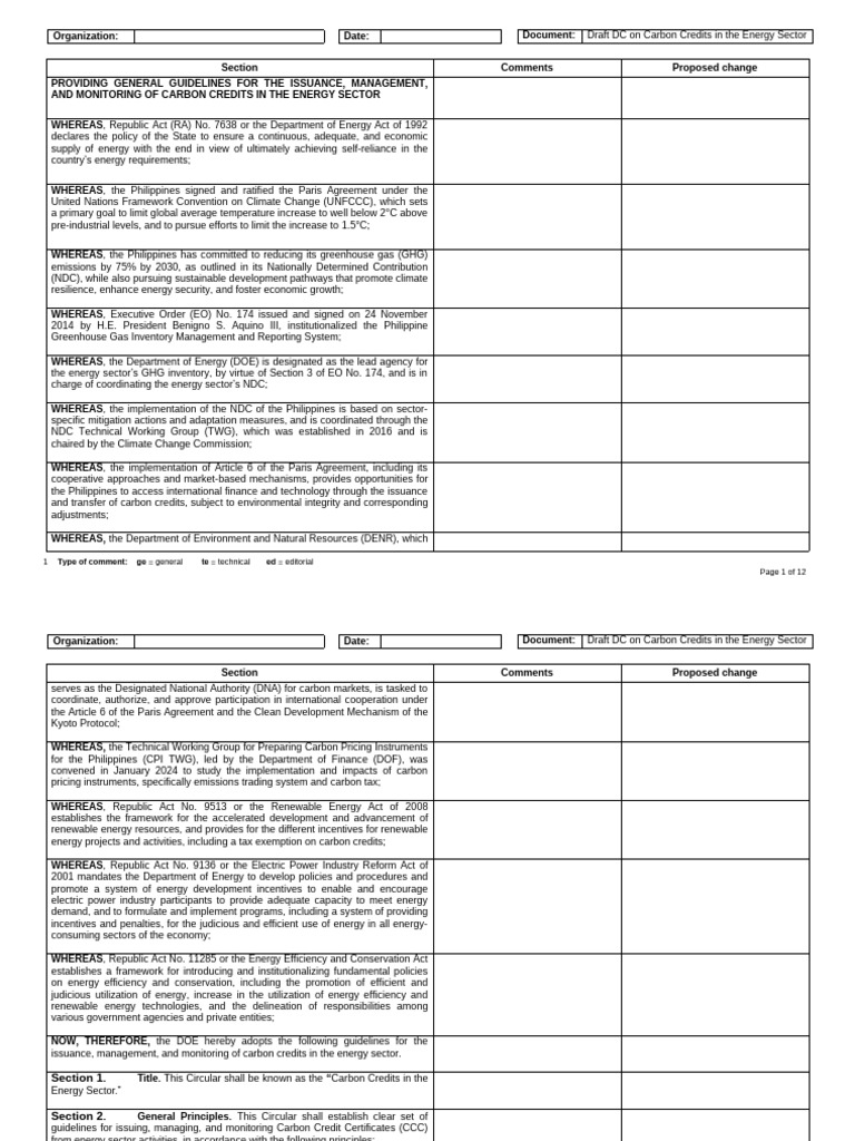 Comments Form For Public Circulation - Draft DC Carbon Credits in The ...
