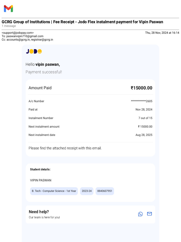 Gmail - GCRG Group of Institutions - Fee Receipt - Jodo Flex Instalment ...