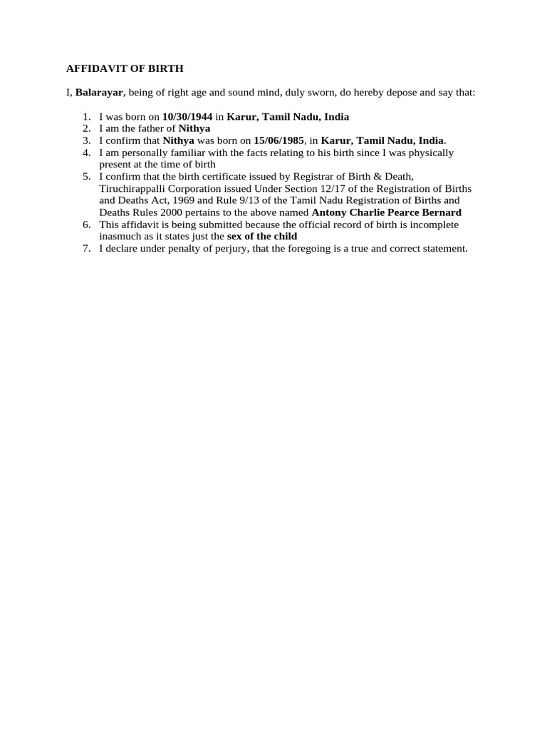 Affidavit of Birth for Nithya | PDF