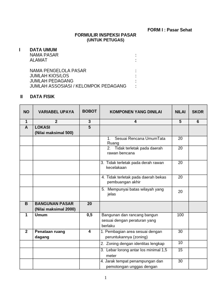 Form Inspeksi Pasar | PDF