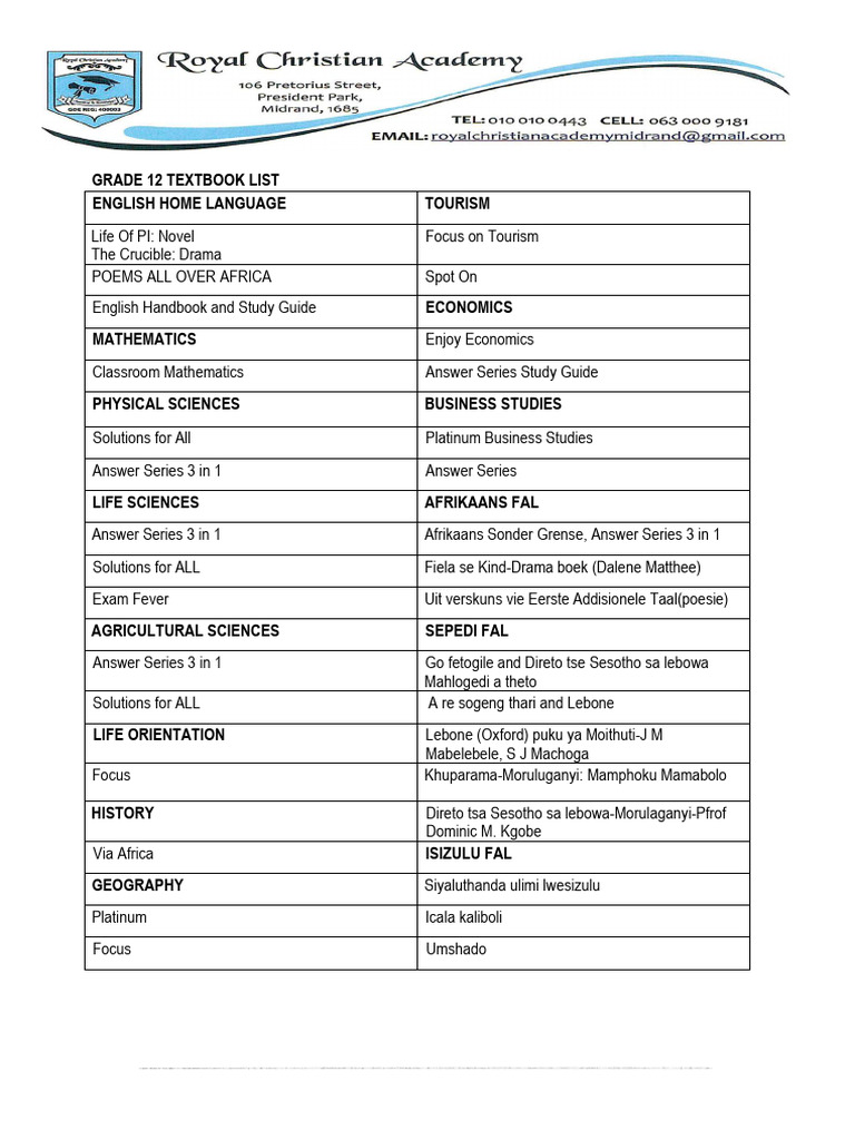 Grade 12 Textbook List | PDF