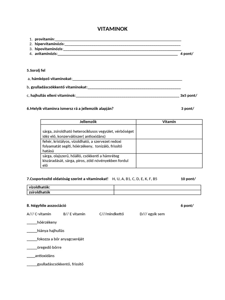VITAMINOK Feladatlap | PDF
