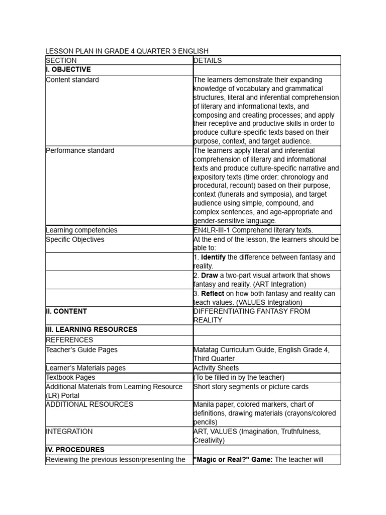 Grade 4 English Lesson: Fantasy vs. Reality | PDF | Reading ...