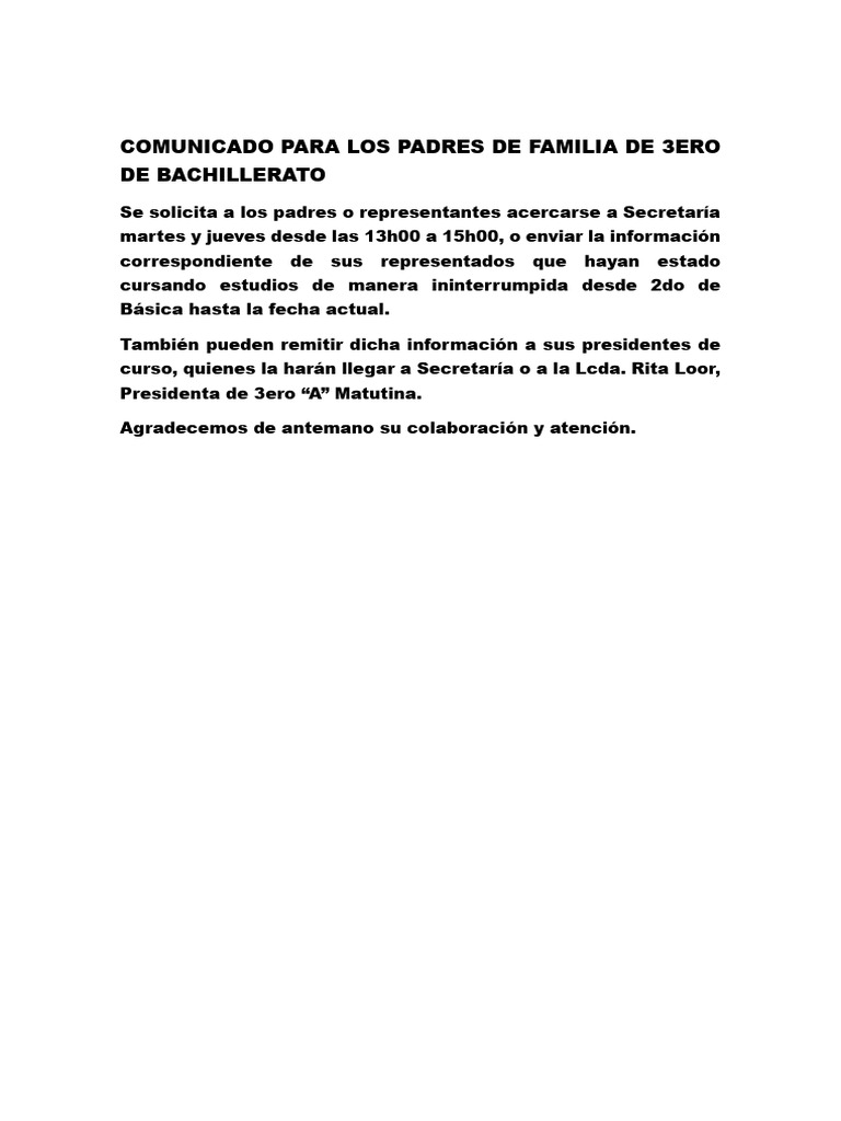 Información para Padres 3ero Bachillerato | PDF