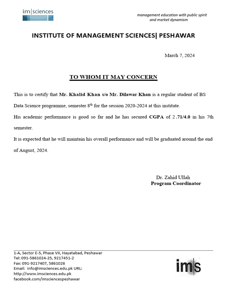 BS Data Science Certification for Khalid Khan | PDF