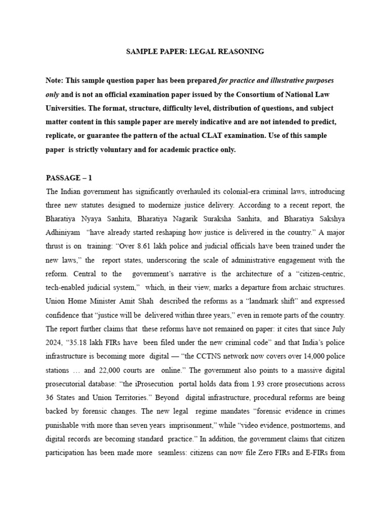 Legal Reasoning Sample Paper for CLAT | PDF