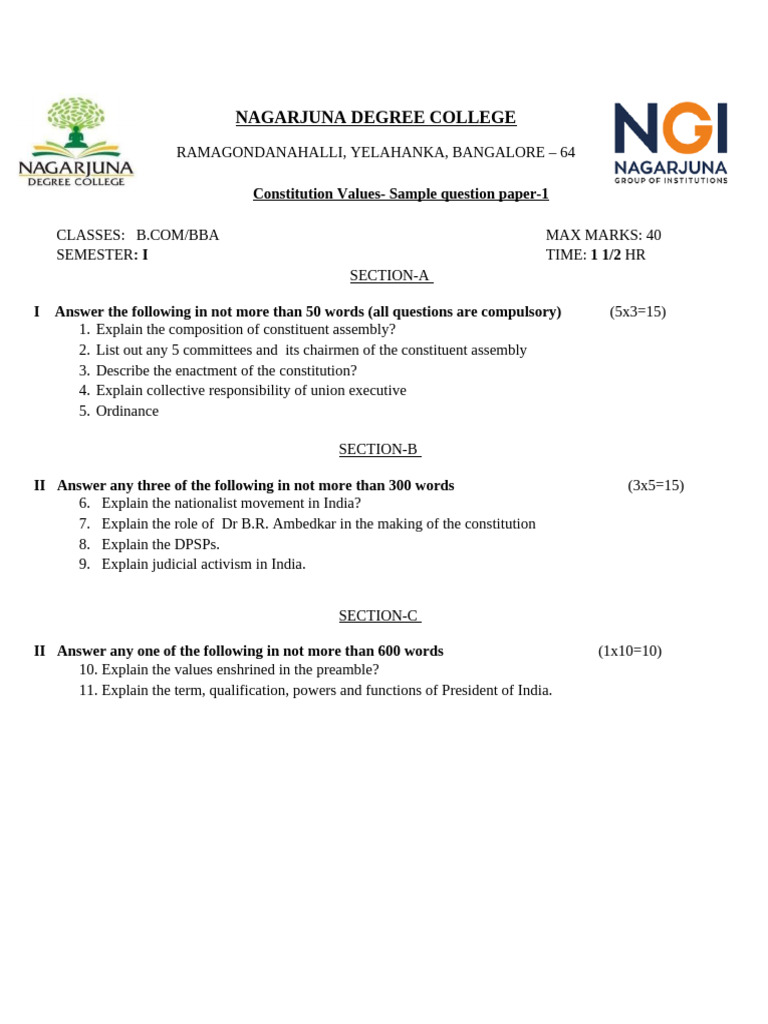 Constitution Values Sample Question Papers | PDF | Government ...