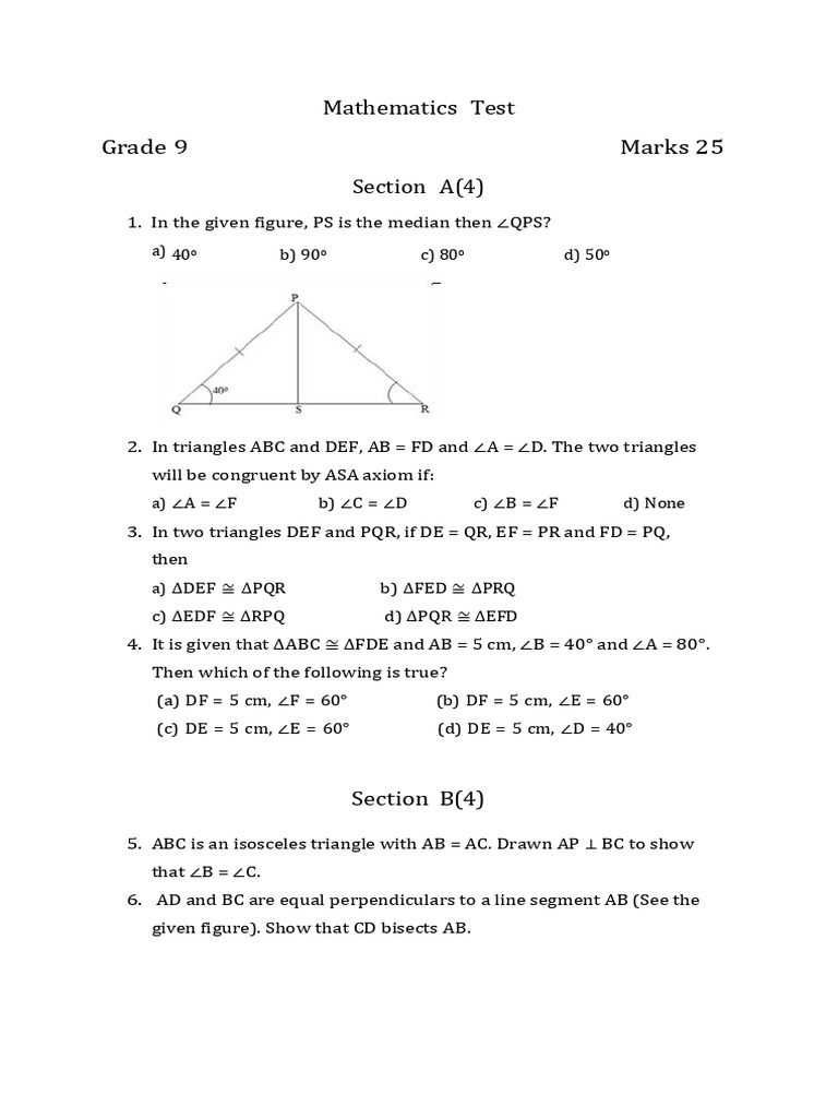 Grade 9 Mathematics Test Questions | PDF | Triangle | Elementary ...