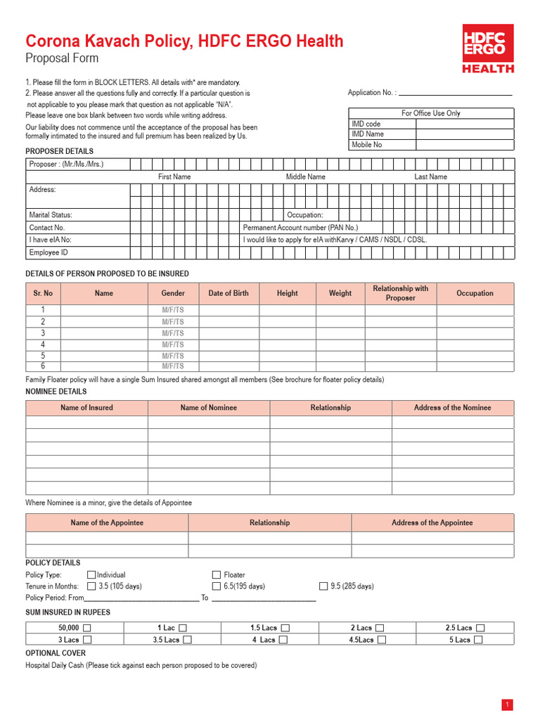 Proposal Form Corona Kavach Policy, HDFC ERGO Health | PDF | Insurance ...