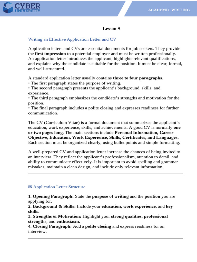 Application Letter A Good Sample of CV For Academic Writing Subject ...