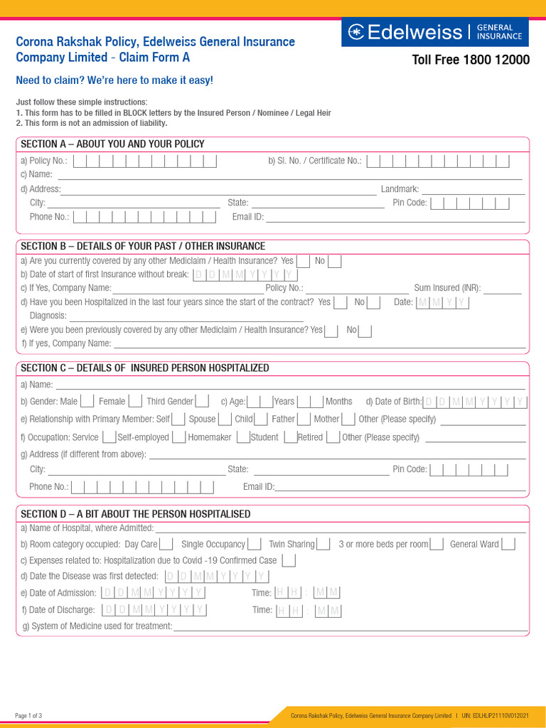 CORONA RAKSHAK POLICY - Claim Form-A - V-1.0 | PDF | Insurance | Hospital