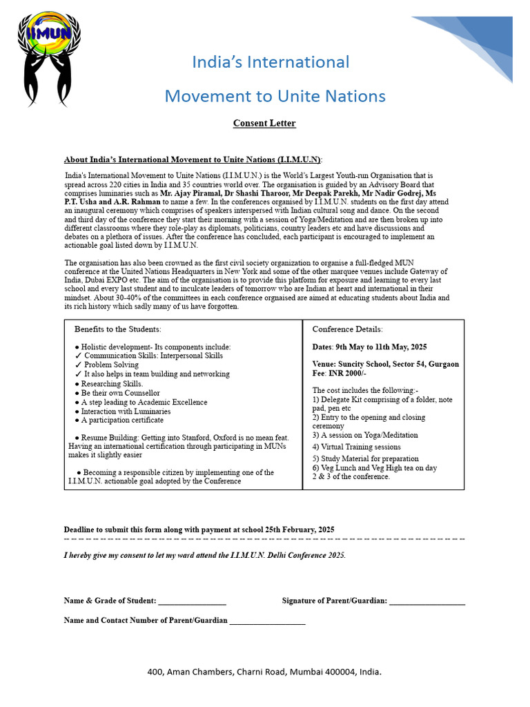 Consent Form For IIMUN Delhi Conference 2024 | PDF