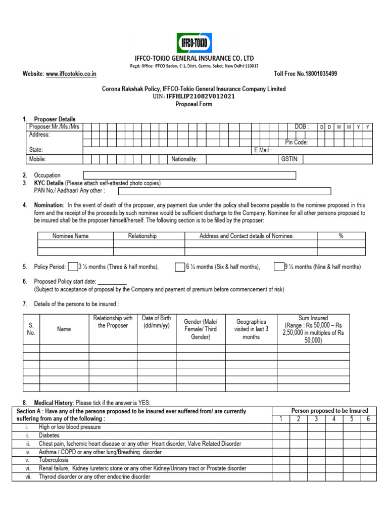 Proposal Form Corona Rakshak | PDF | Insurance | Kidney