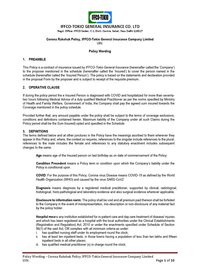 Corona Rakshak Policy Details | PDF | Insurance | Hospital