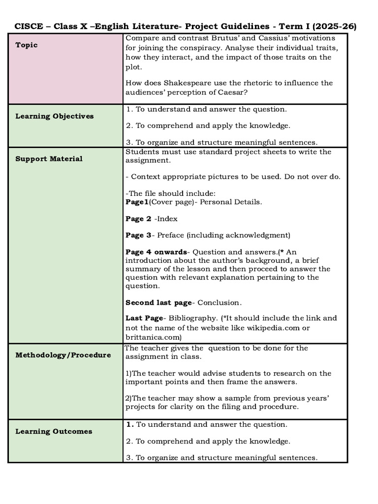 Class X - English Literature - Project Guidelines - (2025-26) | PDF ...