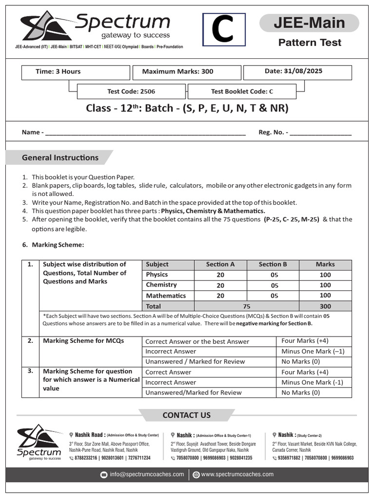 JEE Main Phase Test Set C Instructions | PDF | Gases | Velocity