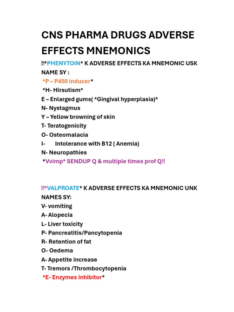 Cns Mnemonic Adverse Effects | PDF