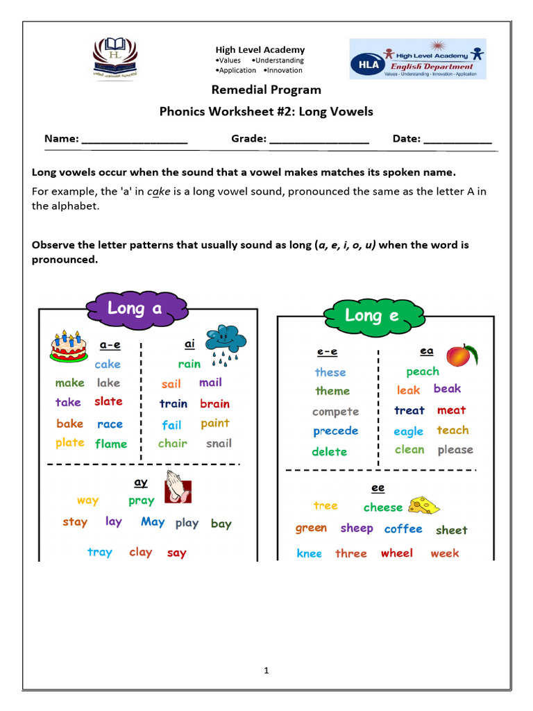 Phonics - Long Vowels | PDF