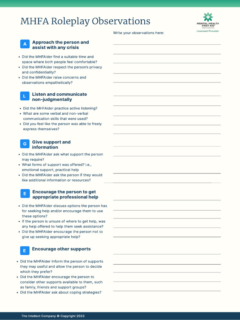MHFA Roleplay Observations Sheet | PDF