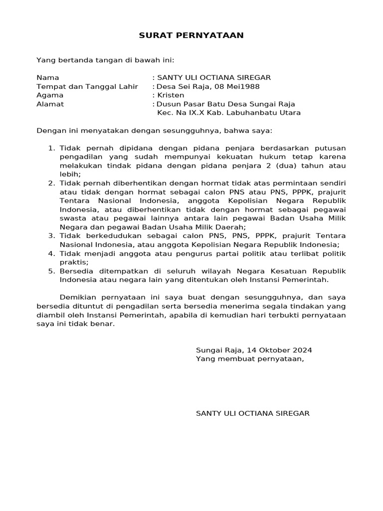 Surat Pernyataan Santy | PDF
