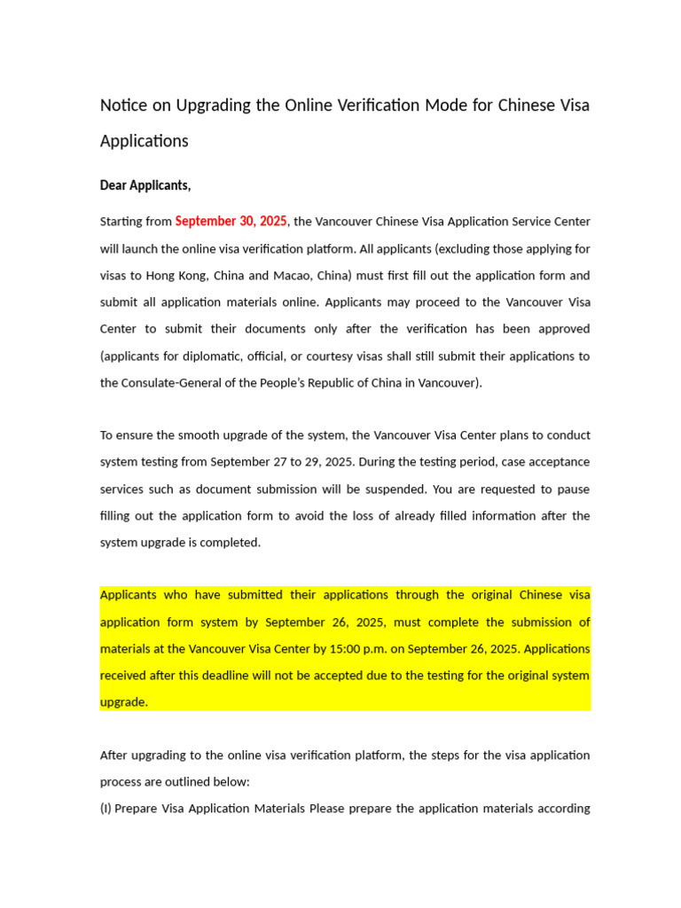 Notice On Upgrading The Online Verification Mode For Chinese Visa ...