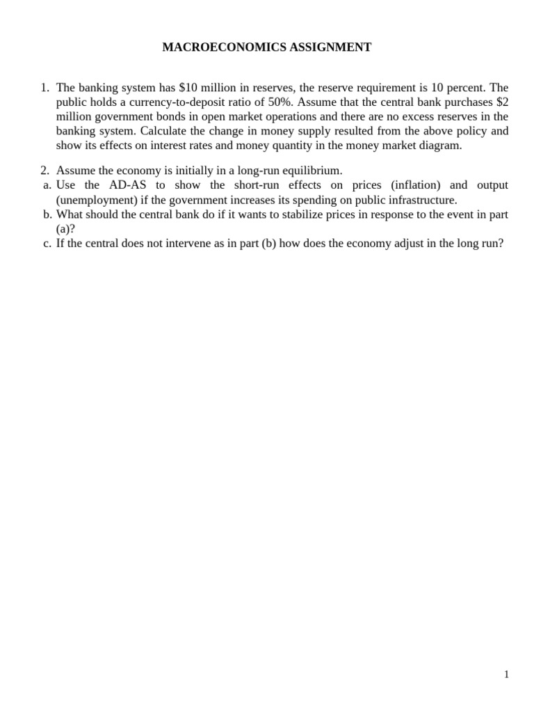 Macroeconomics Assignment: Money Supply & AD-AS Analysis | PDF