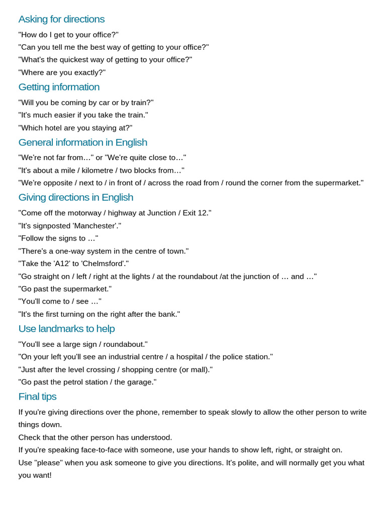 Essential English Directions Guide | PDF