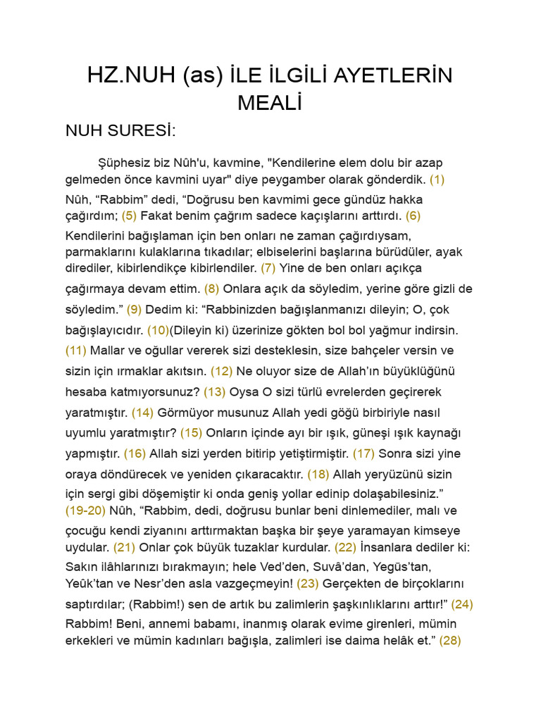 HZ - Nuh (As) İle İlgi̇li̇ Ayetleri̇n Meali̇ | PDF