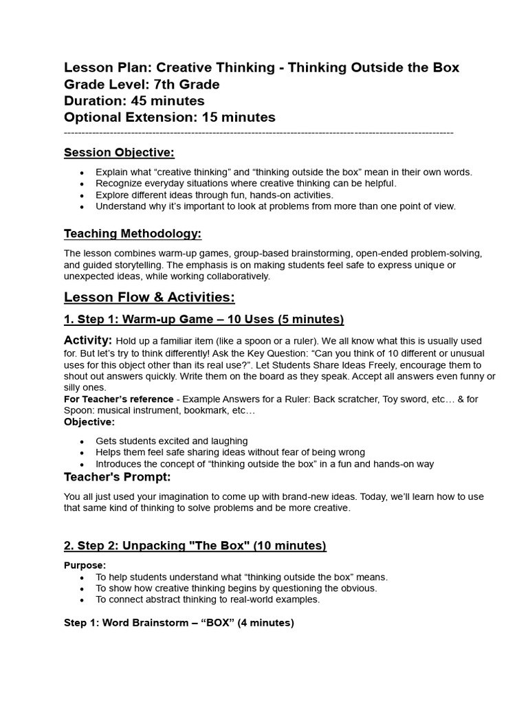 Creative Thinking Lesson Plan for 7th Grade | PDF | Thought | Creativity