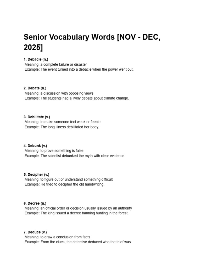 Senior Vocabulary Words List 2025 | PDF