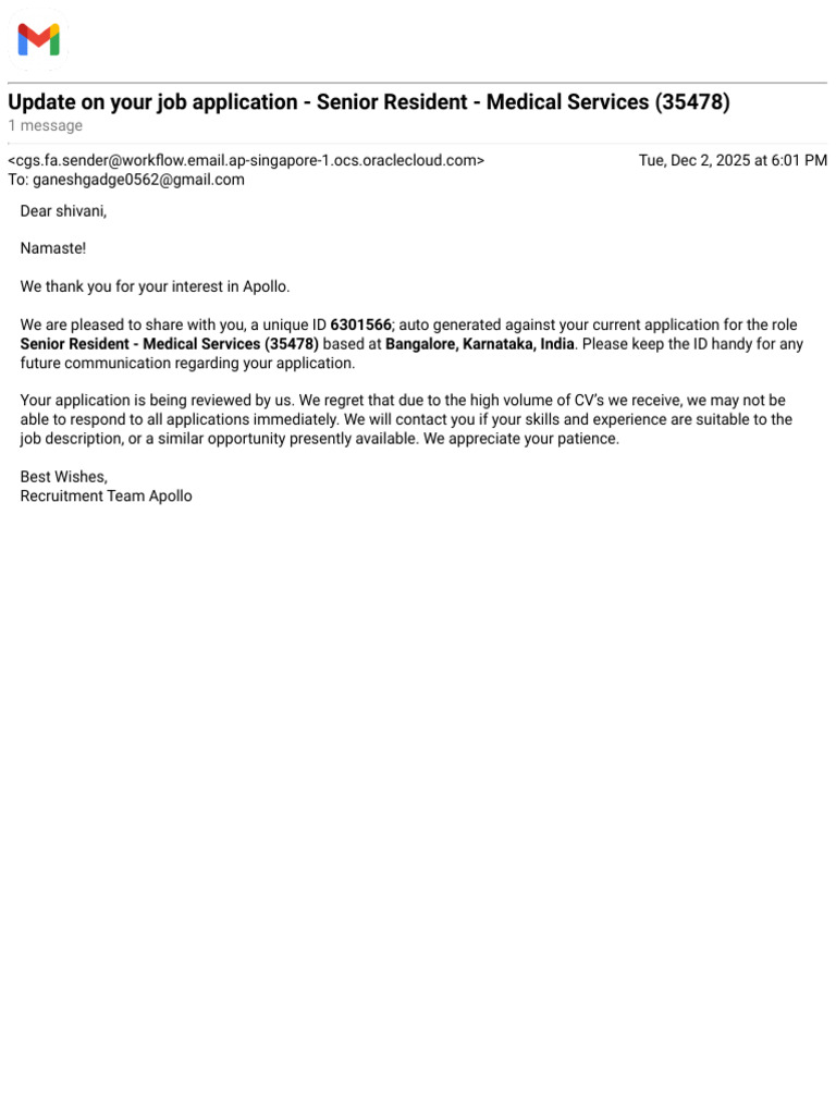 Gmail - Update On Your Job Application - Senior Resident - Medical ...