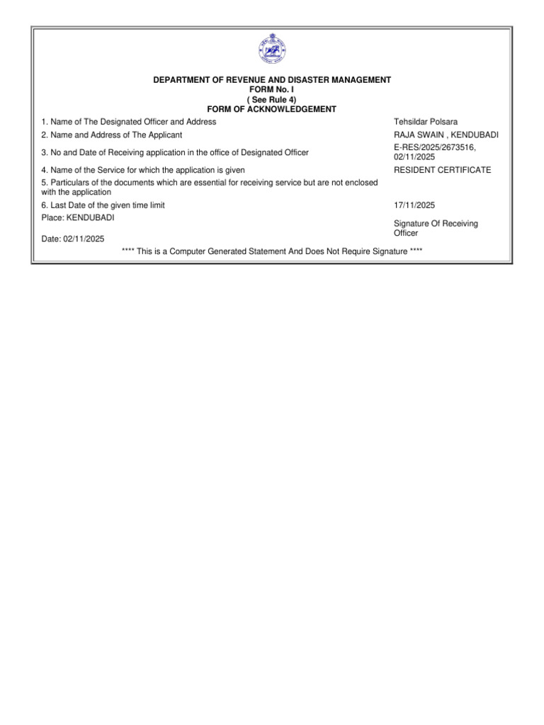 Resident Certificate Acknowledgement Form | PDF
