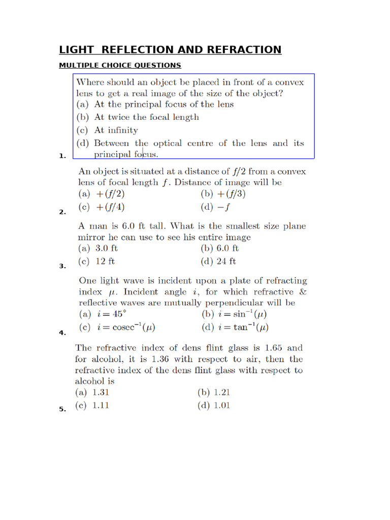 Light Reflection and Refraction MCQs | PDF