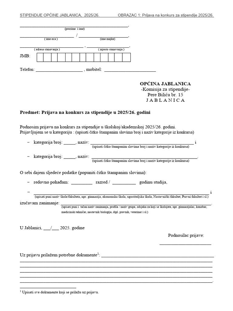 OBRAZAC 1 Prijava Za Konkurs | PDF