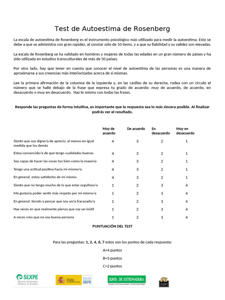 Test de Autoestima de Rosenberg: Guía y Resultados | PDF | Autoestima ...