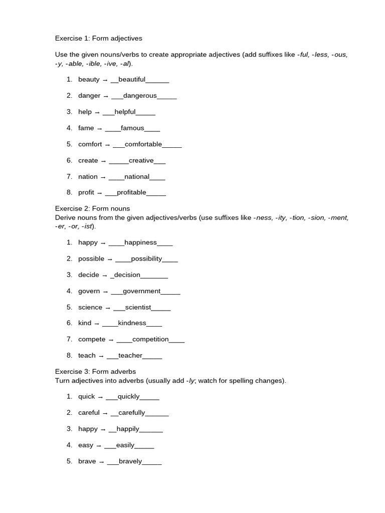 Word Formation Exercises for Adjectives | PDF
