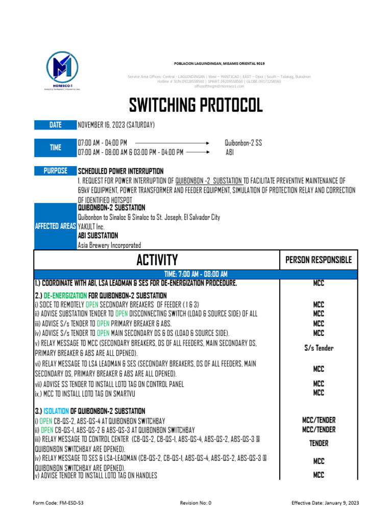 Quibonbon-2 Substation Maintenance Protocol | PDF | Electronics | Power ...