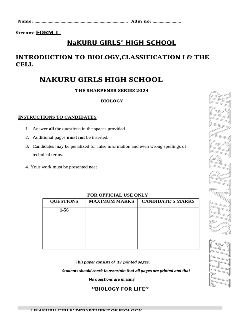 Nakuru Girls Form 1 Topics Revision | PDF | Cell (Biology) | Staining