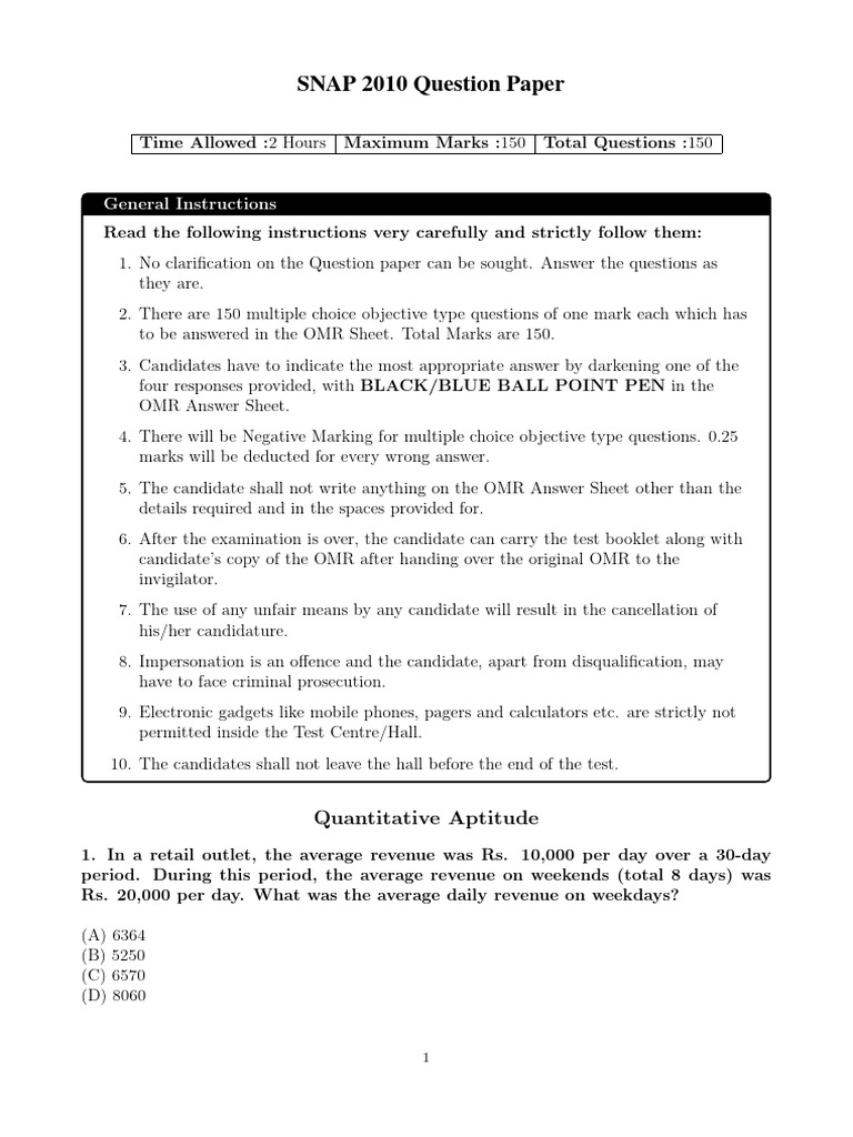 SNAP 2010 Question Paper: General Instructions | PDF
