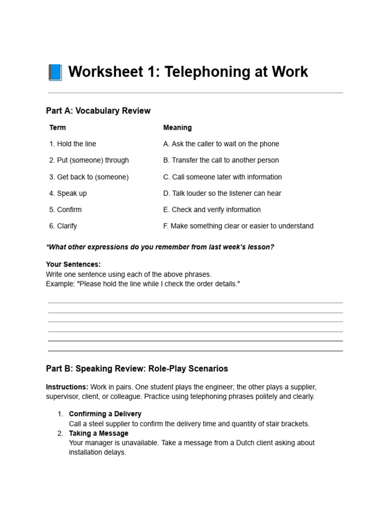? Worksheet 1 - Telephoning at Work-2 | PDF | Pipe (Fluid Conveyance ...