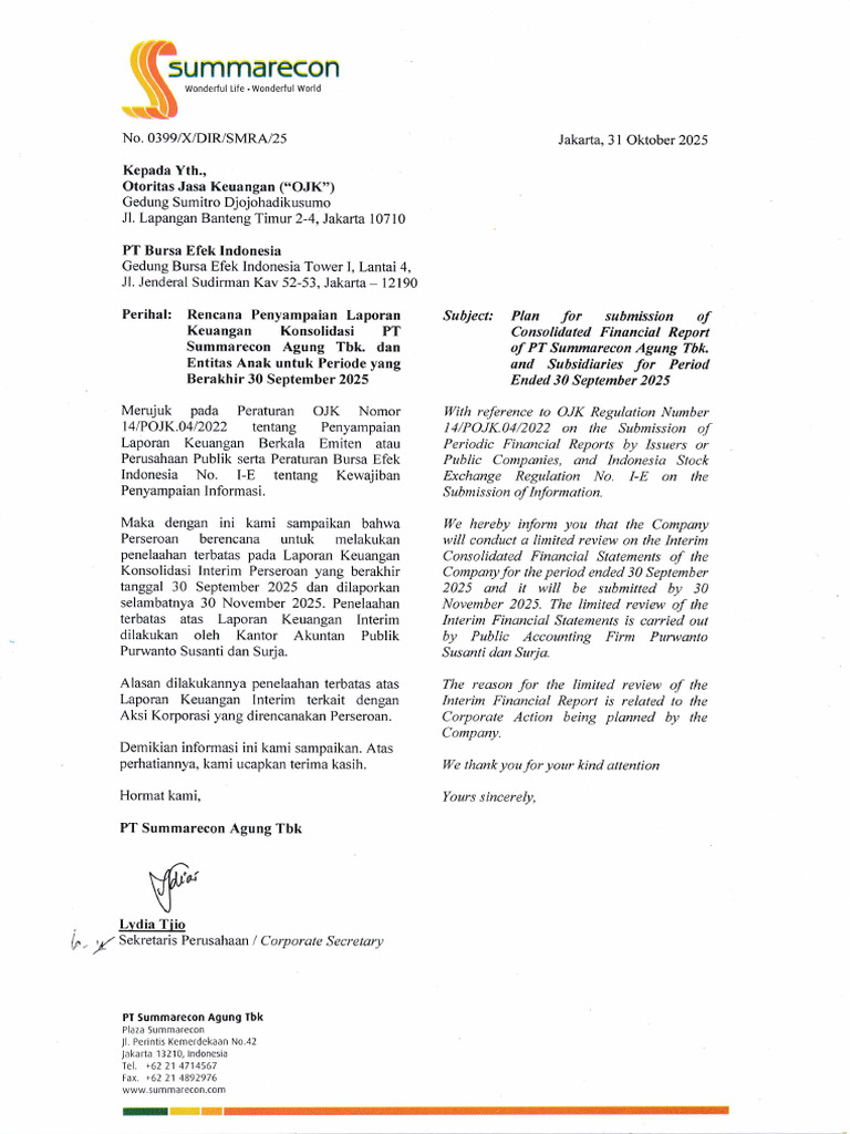 SMRA Rencana Penyampaian Laporan Keuangan 31980998 Lamp1 | PDF