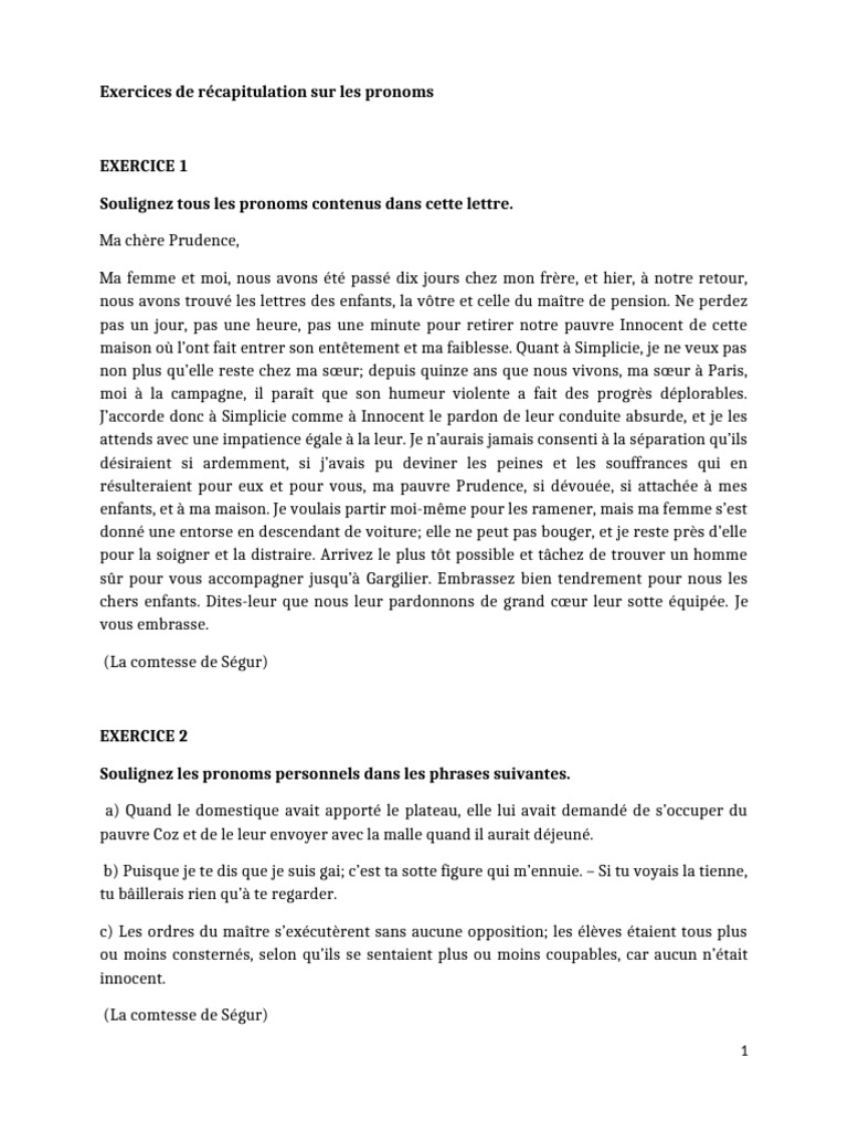 Exercices sur les pronoms en français | PDF
