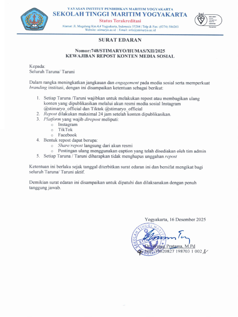748.STIMARYO - Humas.xii.2025 - Kewajiban Repost Konten Media Sosial | PDF