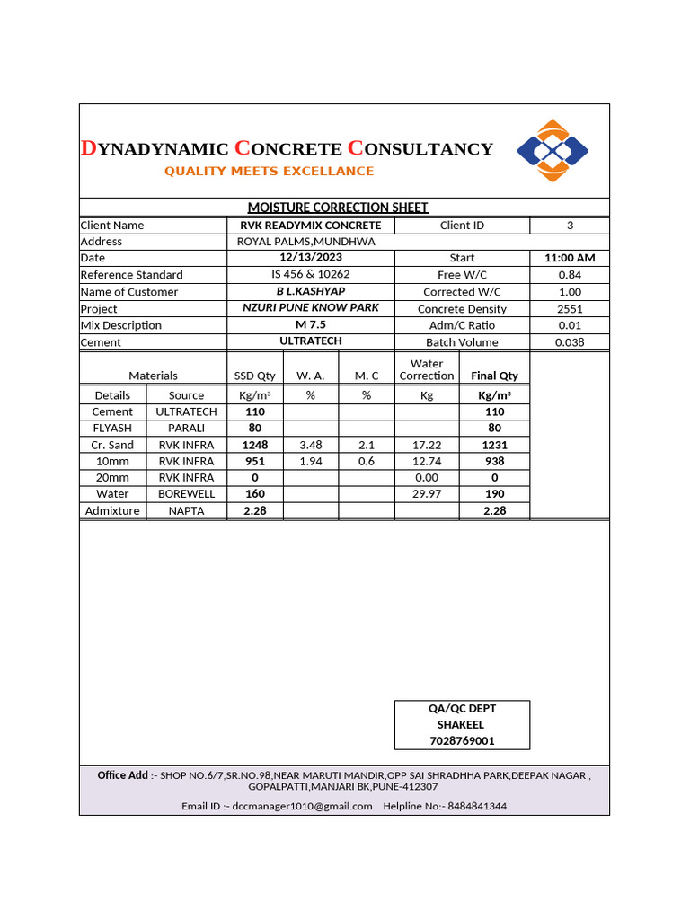 Moisture Correction Sheet for Concrete | PDF | Concrete | Real Estate