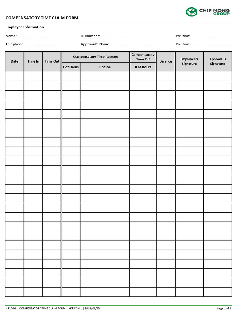 HR204-1 - Compensatory Time Claim Form | PDF