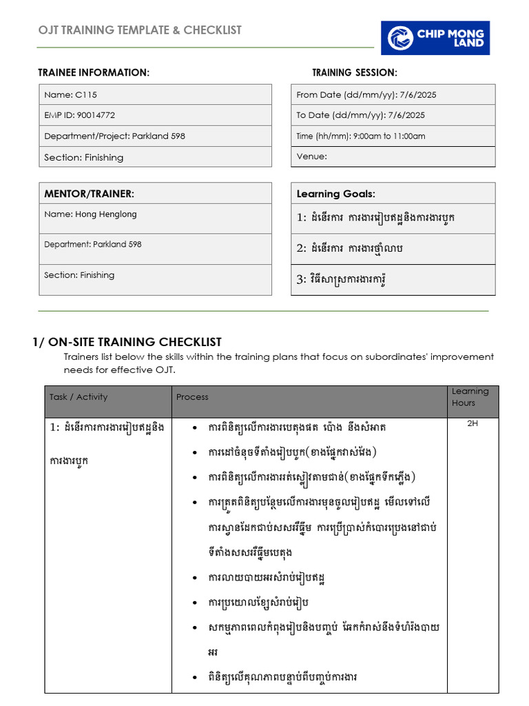 Ojt Training Check List Pdf