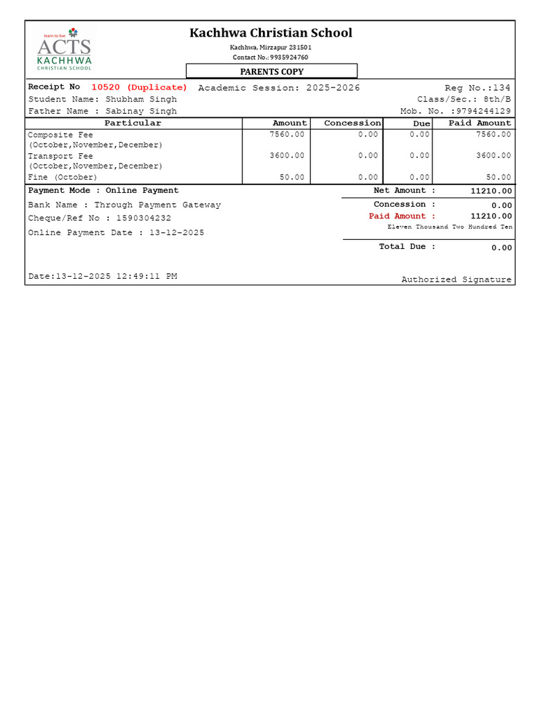 Receipt Reprint 134 Fee Code 10520 2025-2026 | PDF