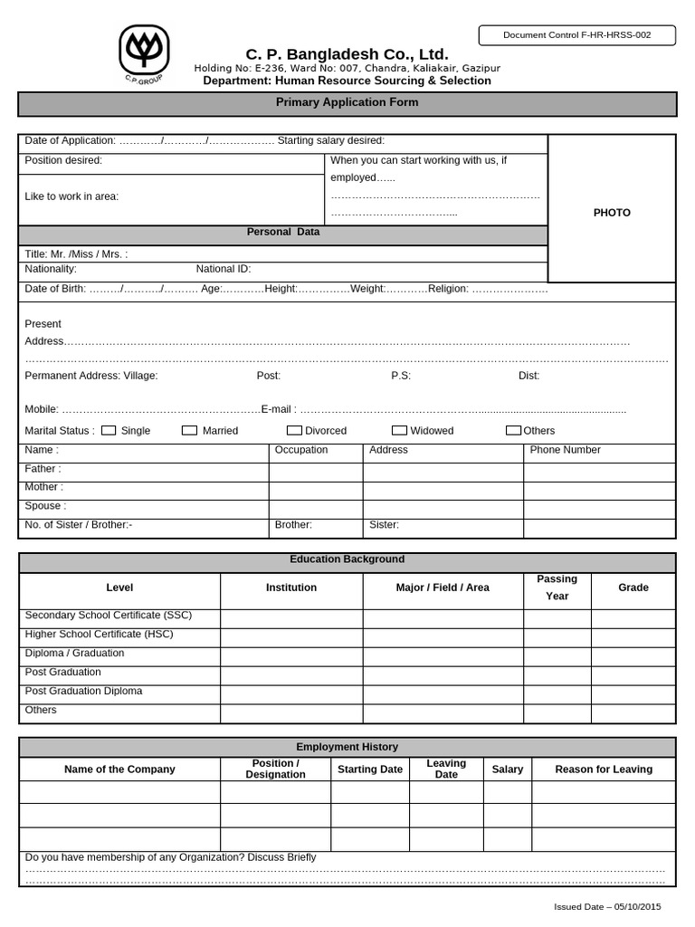 C.P. Bangladesh Job Application Form | PDF