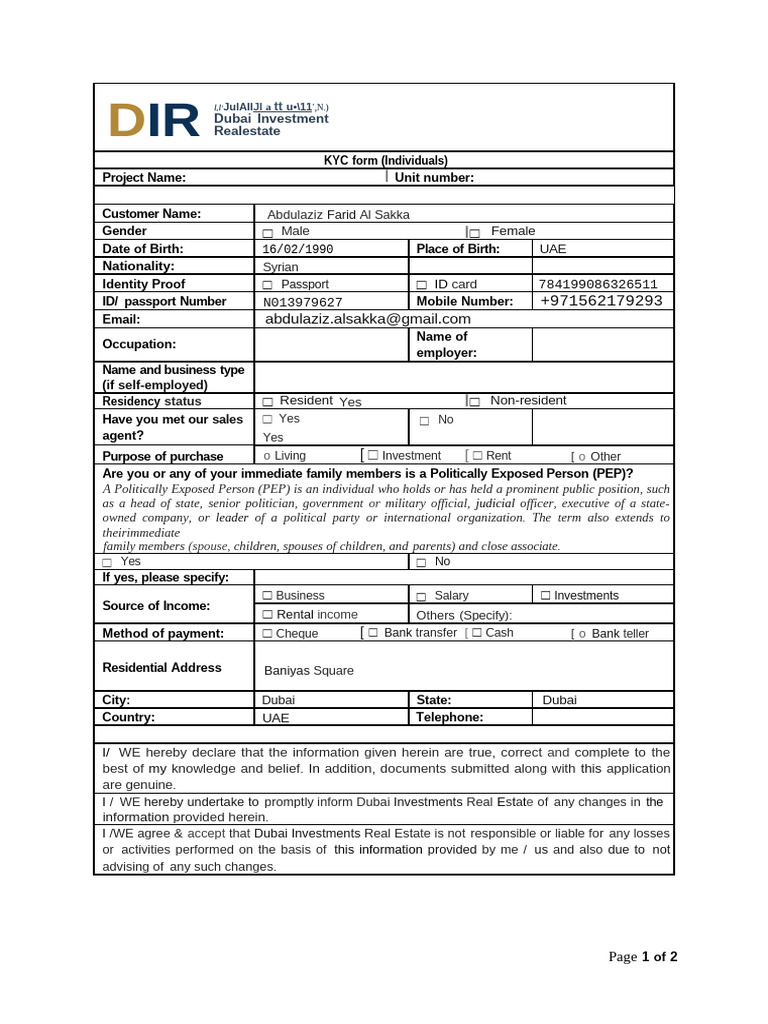 Dubai Real Estate KYC Form for Individuals | PDF
