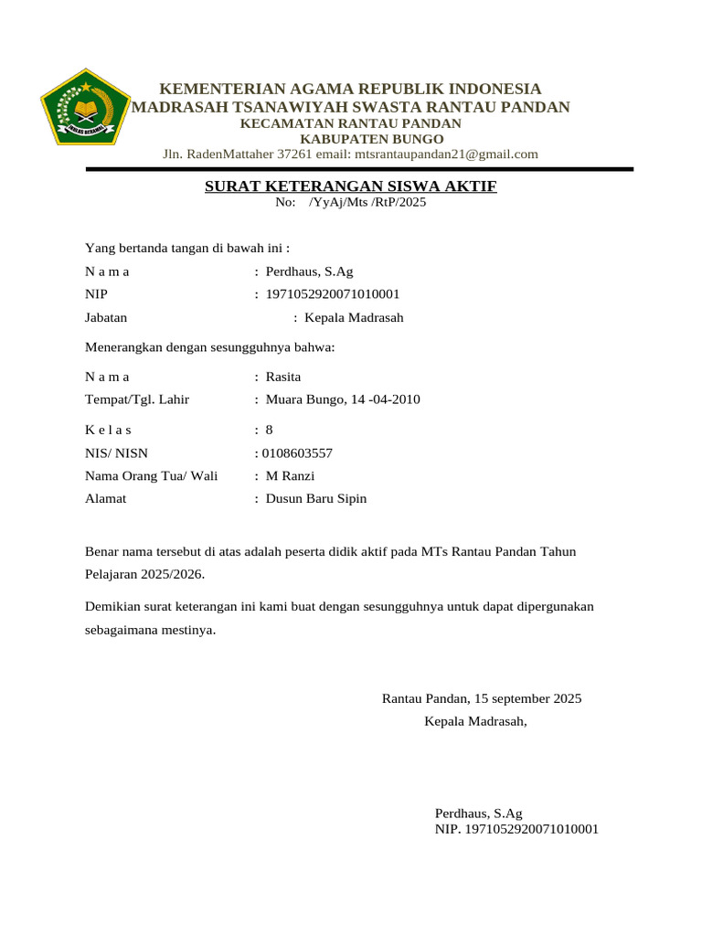 Surat Keterangan Siswa Aktif MTs Rantau Pandan | PDF
